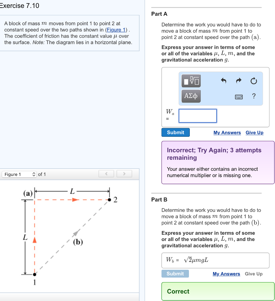 Solved A block of mass m moves from point 1 to point 2 at | Chegg.com