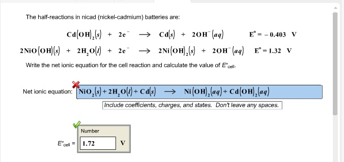 Solved The half-reactions in nicad (nickel-cadmium) | Chegg.com