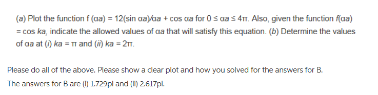 Solved Plot the function f (alpha a) = 12(sin alpha a)/alpha | Chegg.com