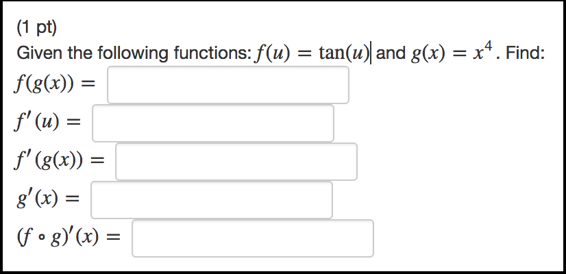 Solved (1 pt) Given the following functions: f (u) = tan(o) | Chegg.com