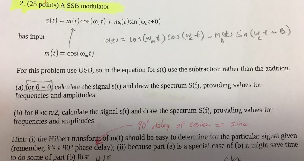 Solved A SSB modulator s (t) = m (t) cos(omega_c t) m_h | Chegg.com