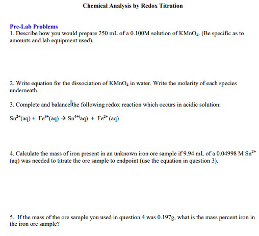 Solved Chemical Analysis by Redox Titration Pre-Lab Problems | Chegg.com