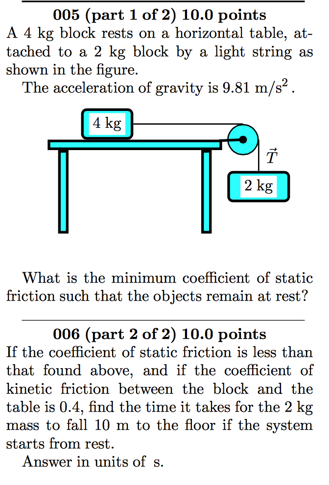 Solved A 4 kg block rests on a horizontal table, attached | Chegg.com