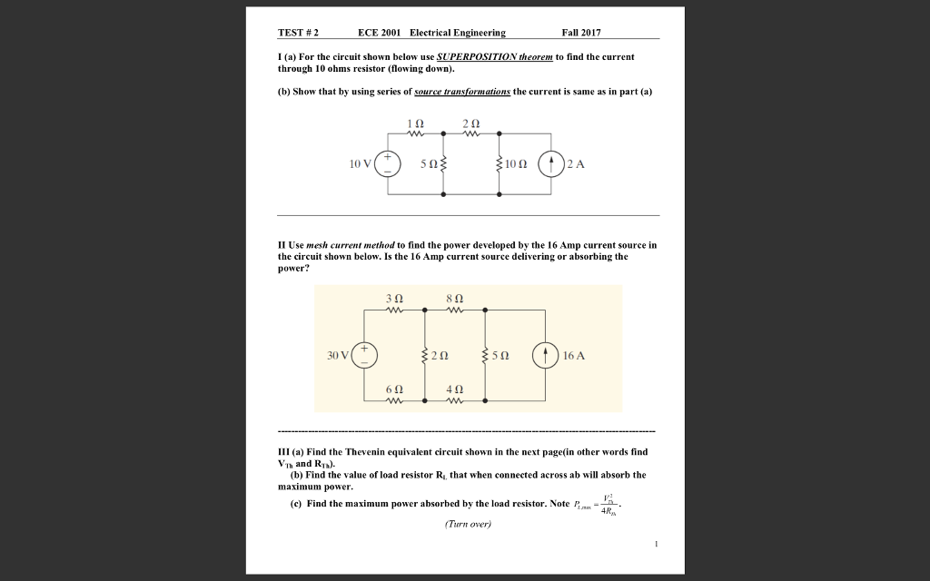 Solved TEST # 2 ECE 2001 Electrical Engineerin Fall 2017 I | Chegg.com