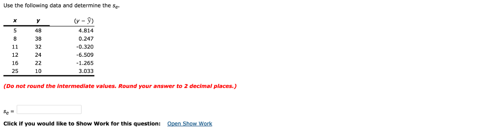 Solved Use the following data and determine the s_e. s_e = | Chegg.com
