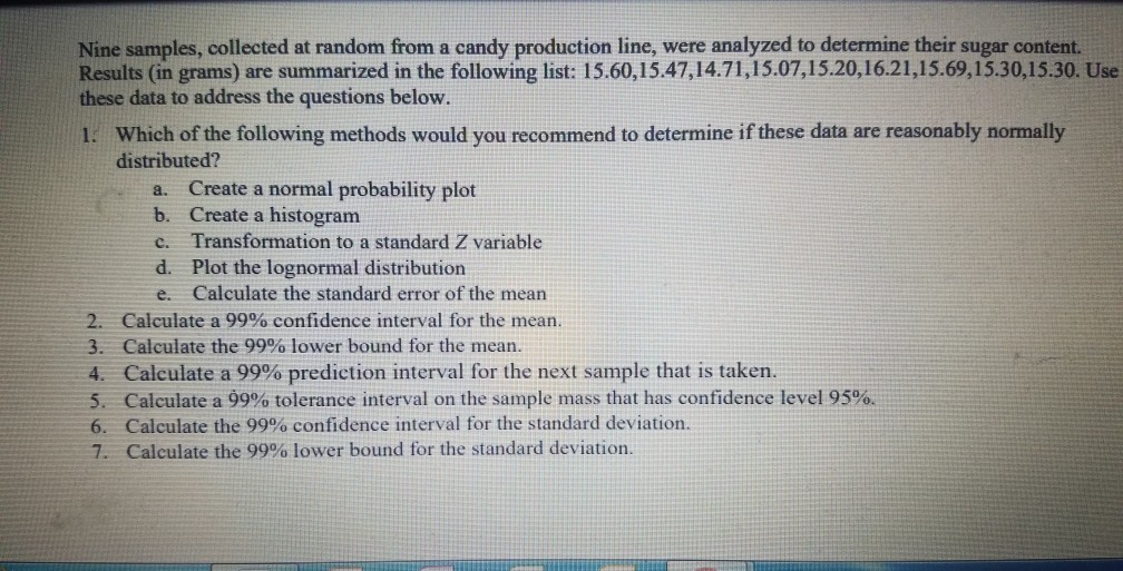 Solved Nine samples, collected at random from a candy | Chegg.com