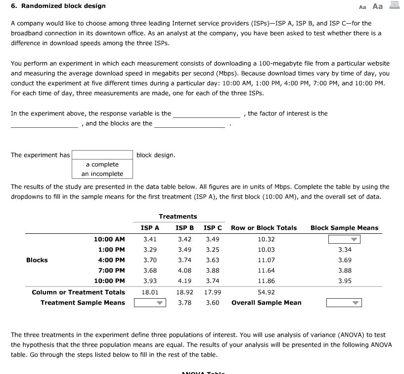Solved 6. Randomized block design Aa Aa A company would like | Chegg.com