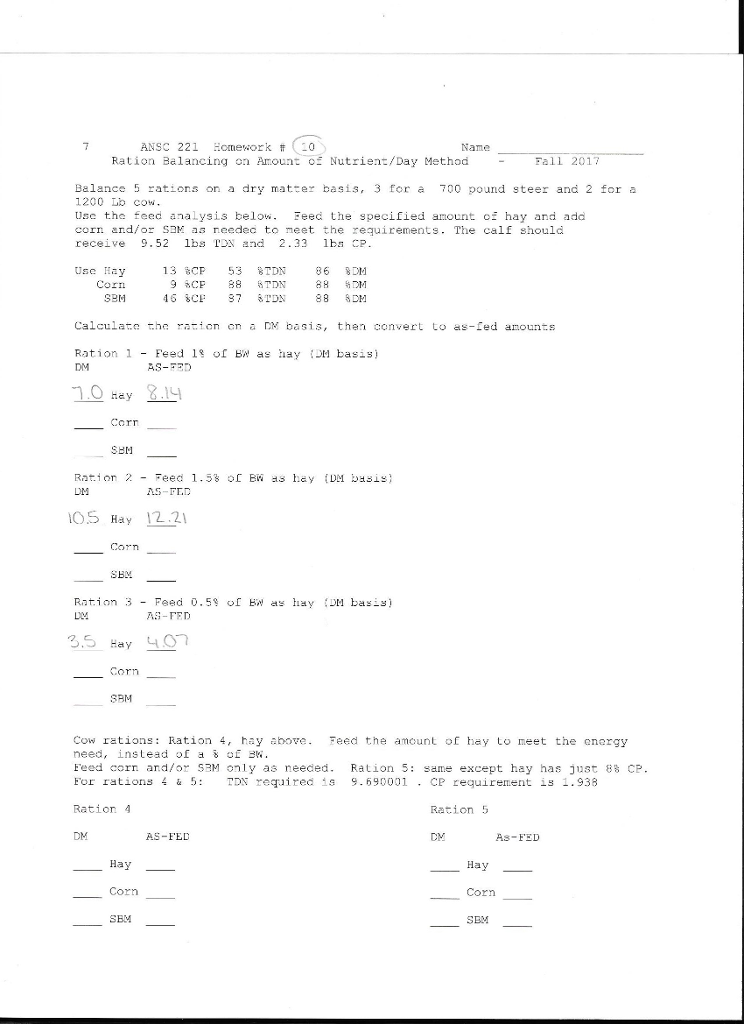 7 ANSC 221 Homework 0 Name Ration Balancing on Anount | Chegg.com