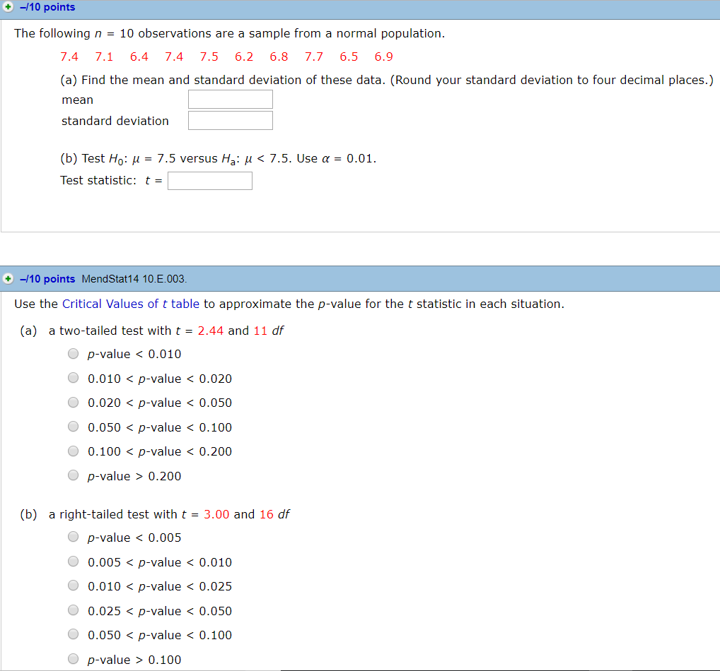 Solved 10 points The following n = 10 observations are a | Chegg.com