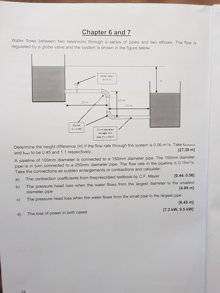Solved Chapter 6 and 7 Water flows between two reservoirs | Chegg.com