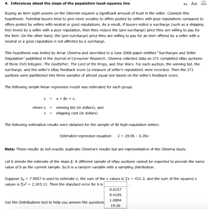 Solved 4. Inferences about the slope of the population | Chegg.com