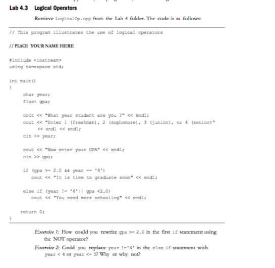 Solved Lab 4.3 Logical Operators Retrieve Logicalop.epp from | Chegg.com