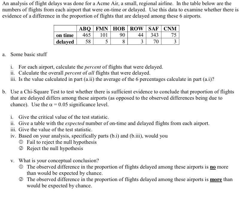 Solved An analysis of flight delays was done for a Acme Air, | Chegg.com