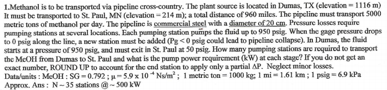 1.Methanol is to be transported via pipeline | Chegg.com