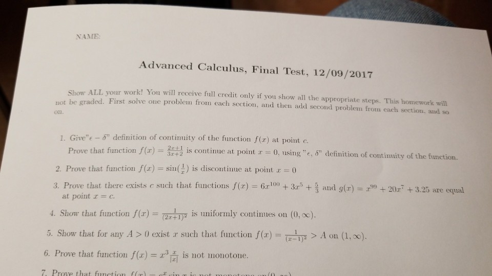 Solved NAME Advanced Calculus, Final Test, 12/09/2017 Show | Chegg.com
