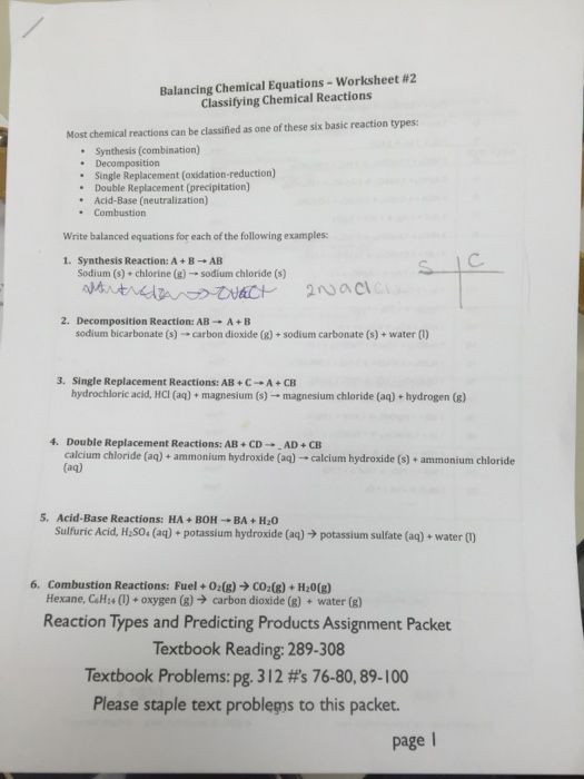 Balancing Equations And Reaction Types Worksheet Answers - Preschool ...