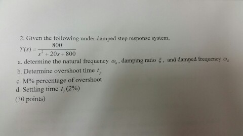 Solved 2. Given the following under damped step response | Chegg.com