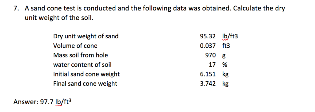 Solved A sand cone test is conducted and the following data | Chegg.com
