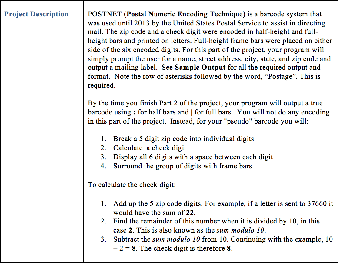 Solved Project Description POSTNET (Postal Numeric Encoding | Chegg.com