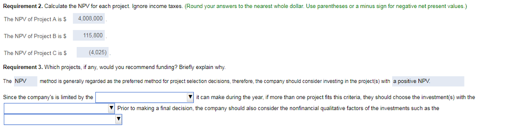 Solved Requirement 2. Calculate the NPV for each project. | Chegg.com