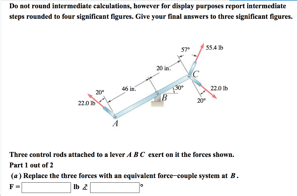 Solved Three control rods attached to a lever A B C exert on | Chegg.com