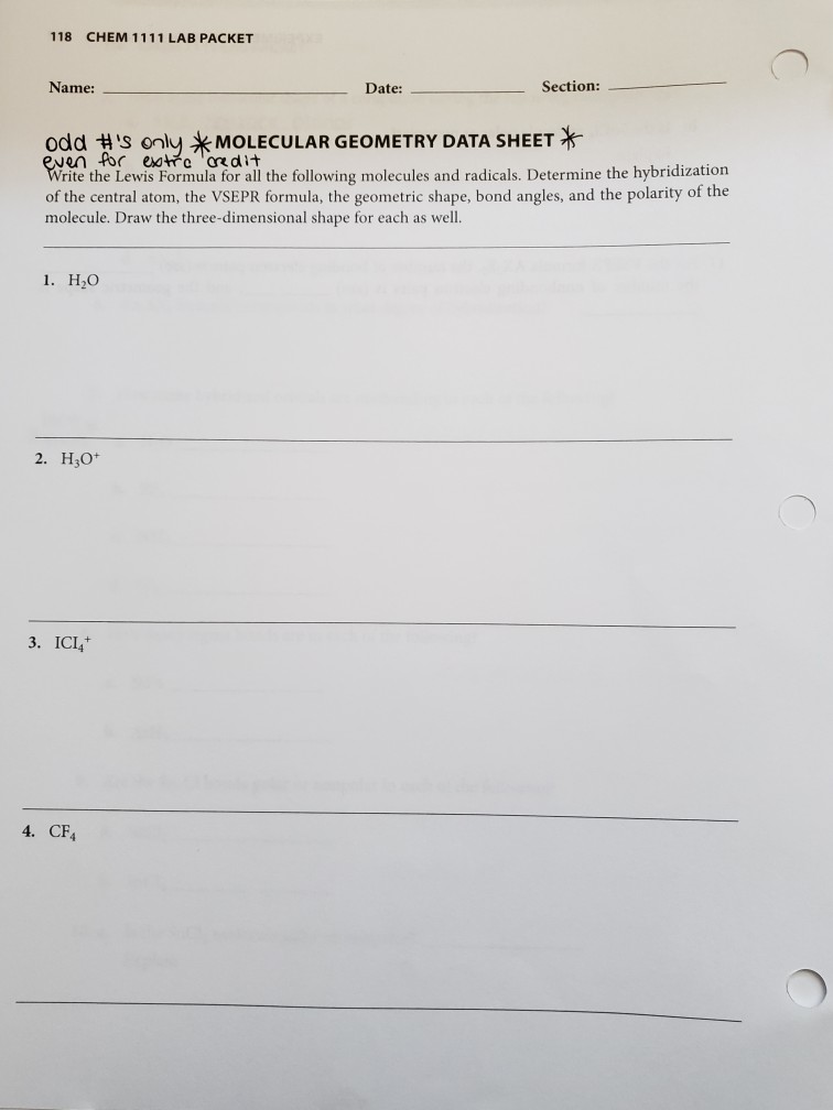 Solved 118 CHEM 1111 LAB PACKET Section: Name: Date: odd?s | Chegg.com