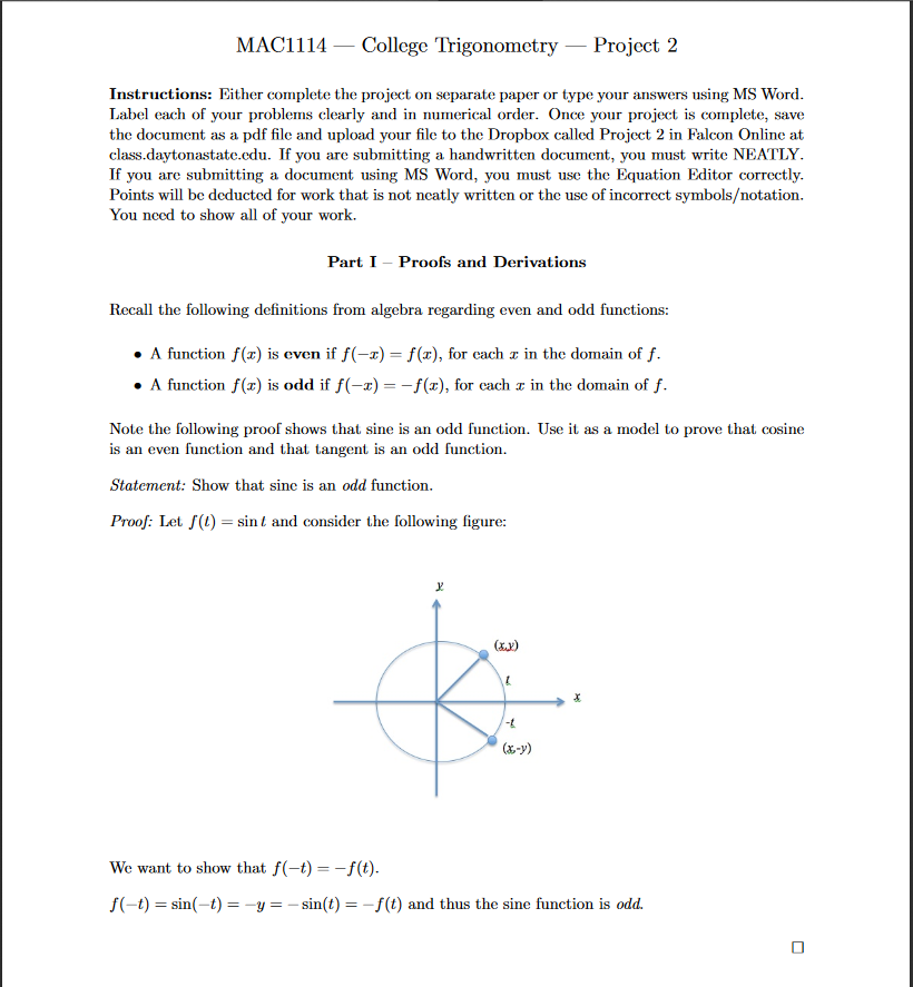 Solved MAC1114- College Trigonometry Project 2 Instructions: | Chegg.com