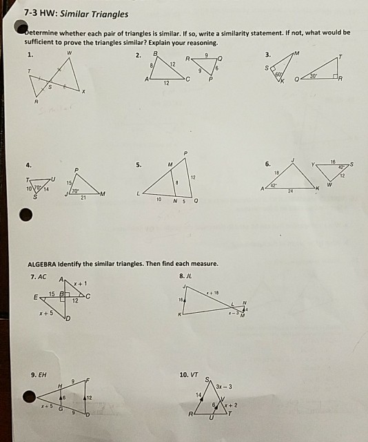 Solved 7-3 HW: Similar Triangles etermine whether each pair | Chegg.com