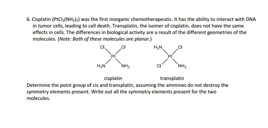 Solved 6. Cisplatin (PtCl2(NH3)2) was the first inorganic | Chegg.com