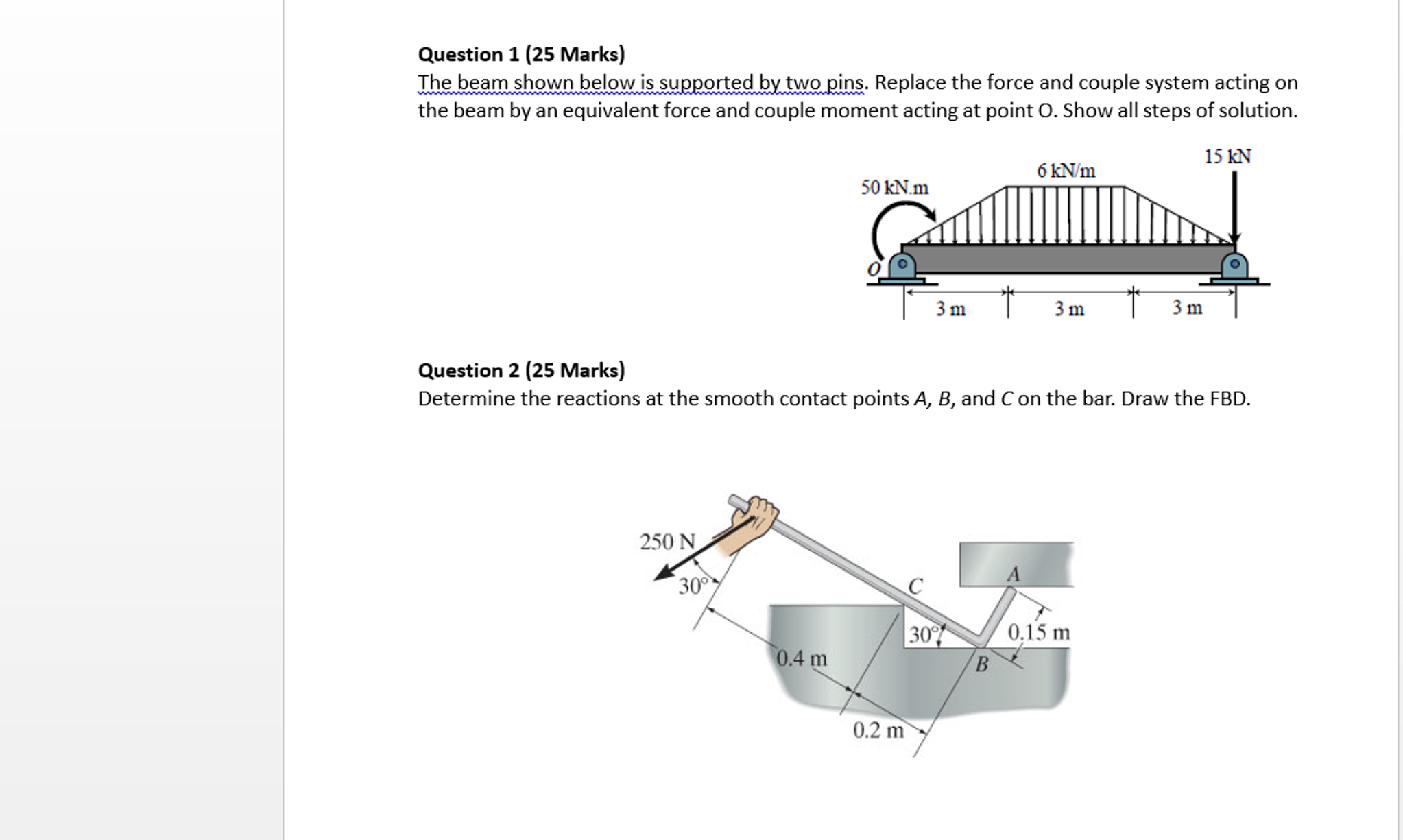 Solved The beam shown below is supported by two pins. | Chegg.com