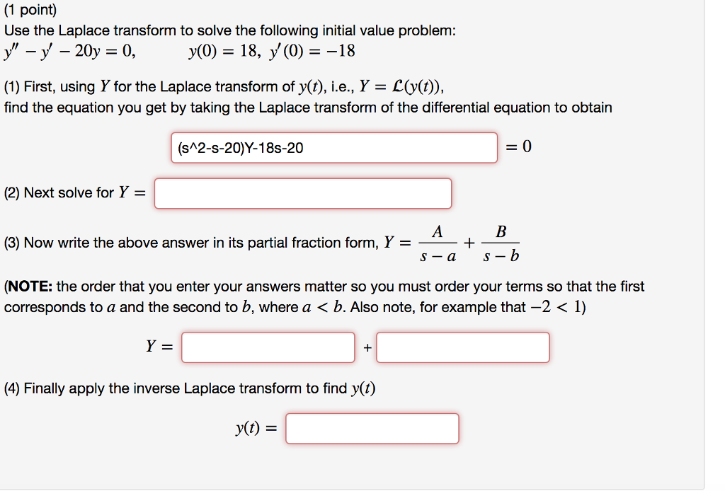 Solved 1 point) Use the Laplace transform to solve the | Chegg.com