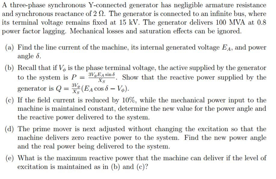 Solved A three-phase synchronous Y-connected generator has | Chegg.com