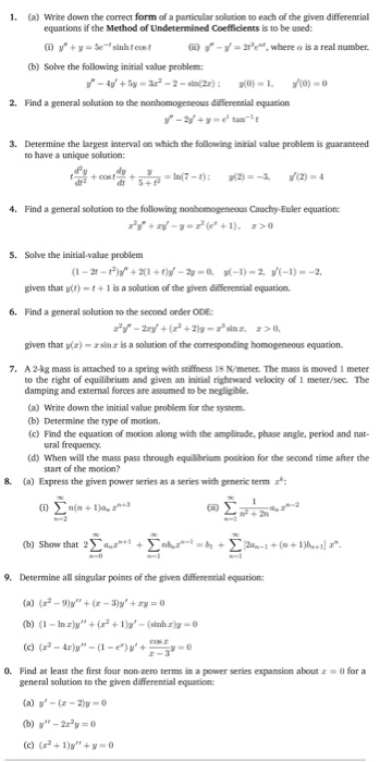 Solved Write down the correct form of a particular solution | Chegg.com