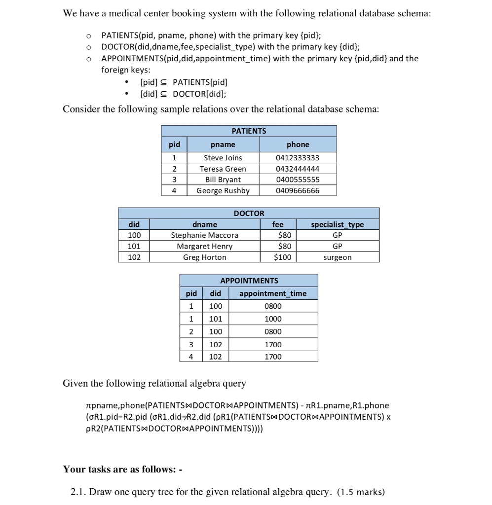 Solved We have a medical center booking system with the | Chegg.com