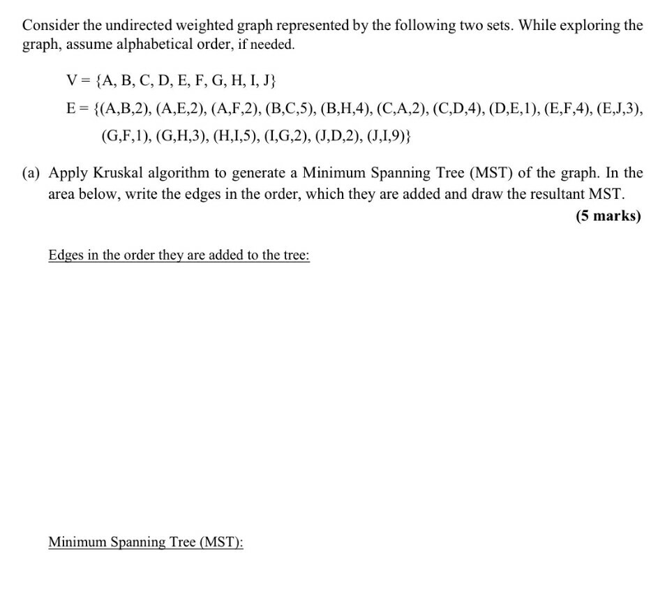 Solved Consider The Undirected Weighted Graph Represented By 