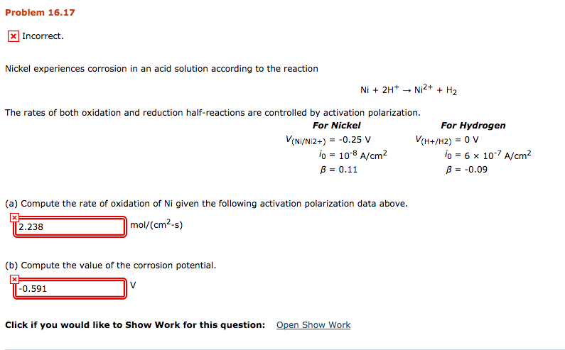 Solved Problem 16.17 XIncorrect Nickel experiences corrosion | Chegg.com