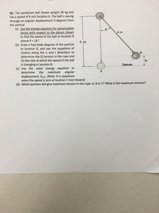 Solved The pendulum ball shown weighs 30 kg and has a speed | Chegg.com