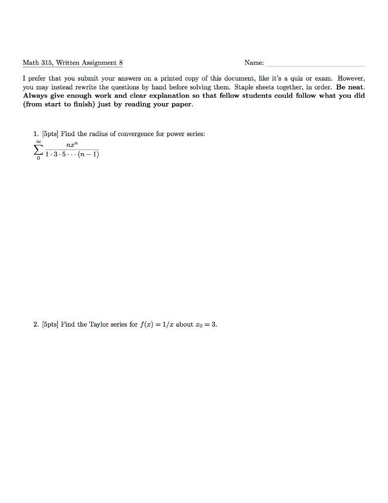 Solved I prefer that you submit your answers on a printed | Chegg.com