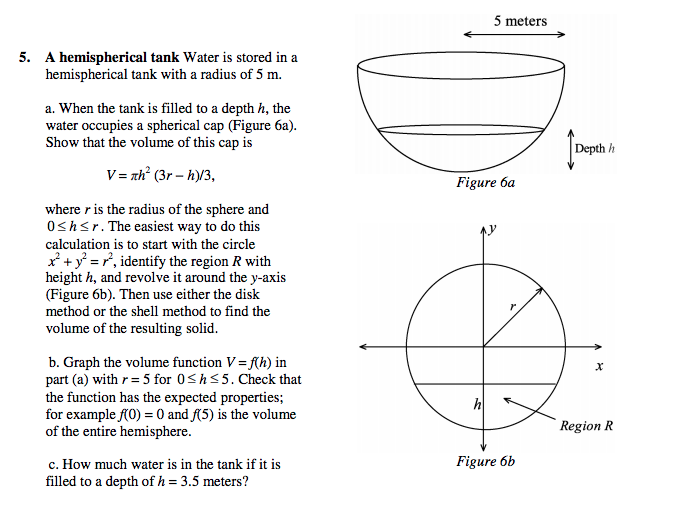 Solved 5 meters 5. A hemispherical tank Water is stored in a | Chegg.com