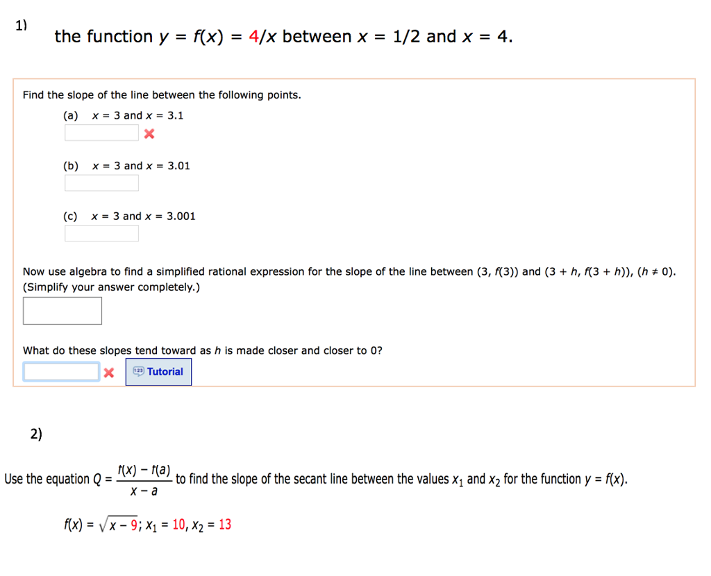 Solved 1) the function y = f(x) = 4/x between x-1/2 and x = | Chegg.com