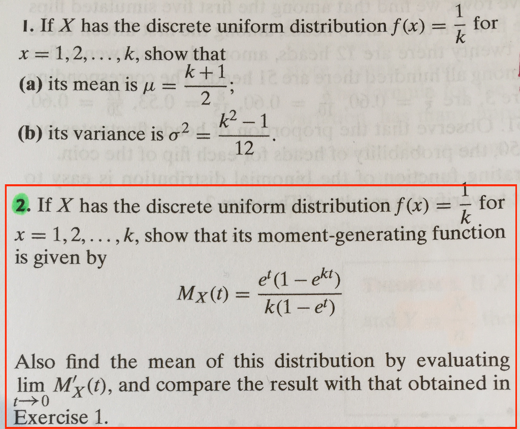 Solved If X has the discrete uniform distribution f(x) = 1/k | Chegg.com