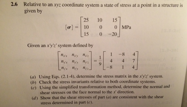 Solved Relative to an xyz coordinate system a state of | Chegg.com