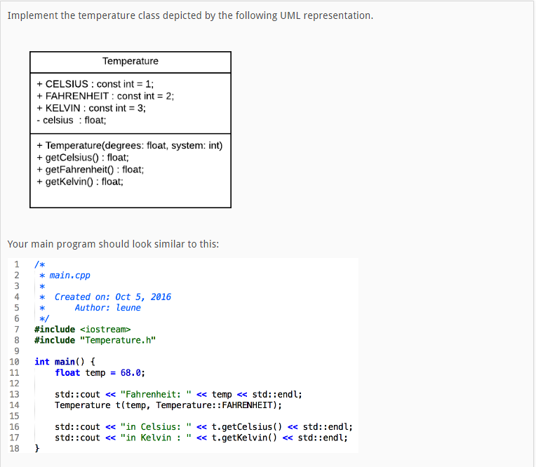 Solved Implement the temperature class depicted by the | Chegg.com