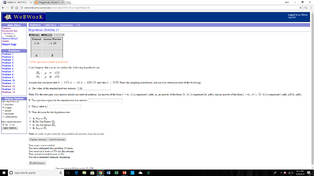 Solved 2AMS110-2Hypathesis/14 Logged in ?5 flores. WeBWorK | Chegg.com