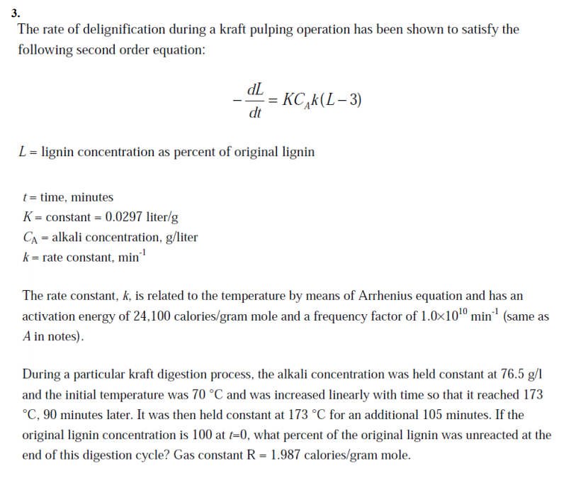 Solved 3. The rate of delignification during a kraft pulping | Chegg.com