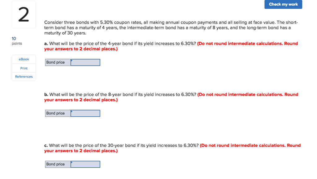Solved Check my work 2 Consider three bonds with 5.30% | Chegg.com