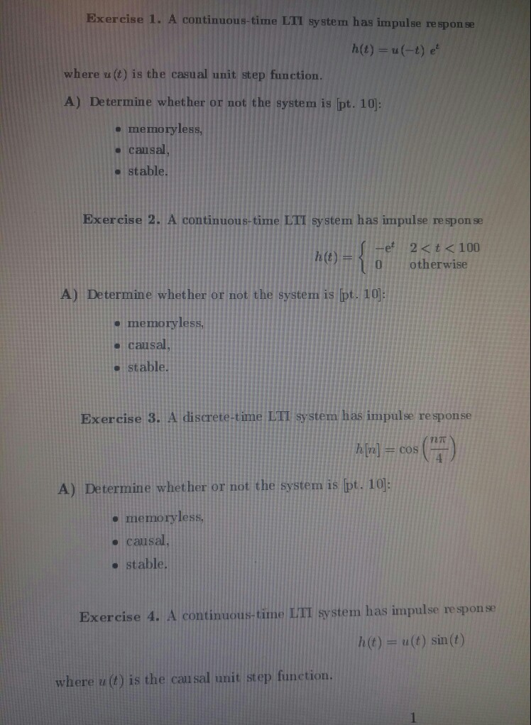 Solved Exercise 1. A continuous-time LTI system has impulse | Chegg.com