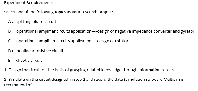 Solved Experiment Requirements Select one of the following | Chegg.com