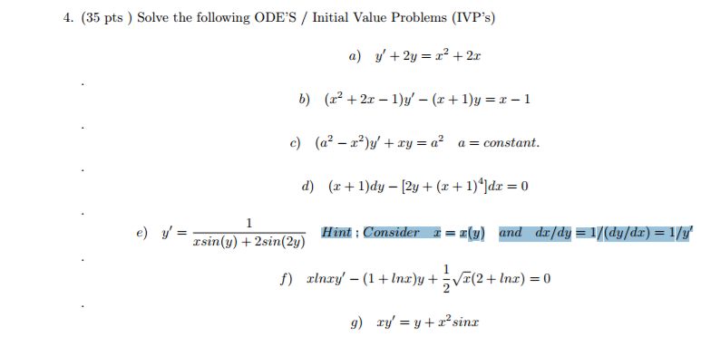 Solved Solve the following ODE'S/Initial Value Problems | Chegg.com
