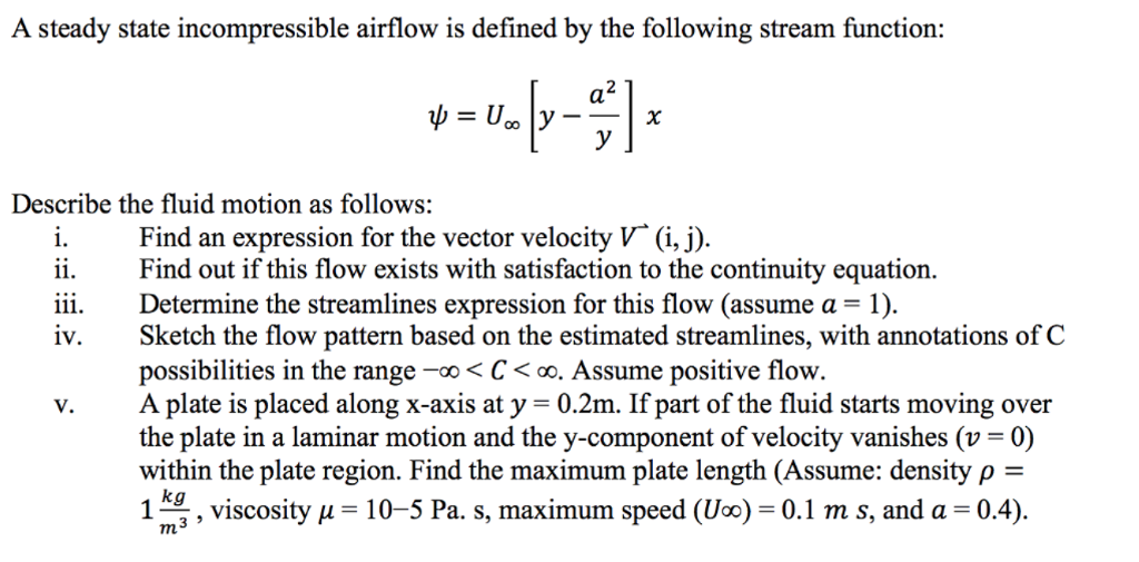 Solved A steady state incompressible airflow is defined by | Chegg.com